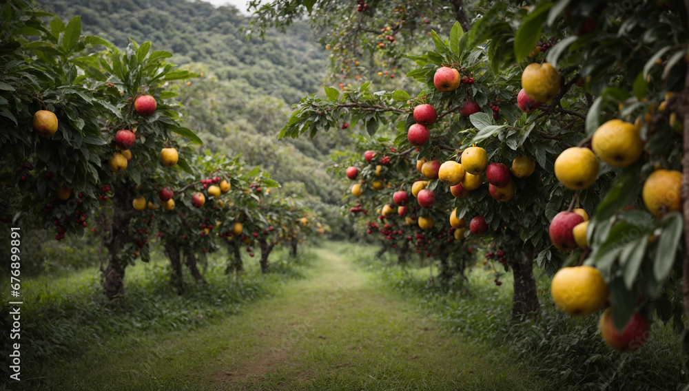 Jungle fruit trees with ripe, juicy fruits waiting to be picked - AI ...