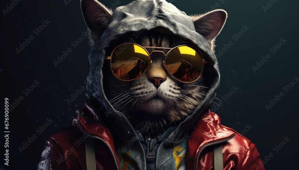 Le portrait d'un chat habillé stylé avec capuche et lunettes de soleil ...