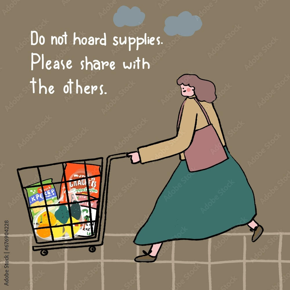 A girl is stocking supplies with her cart on a brown background. with a ...