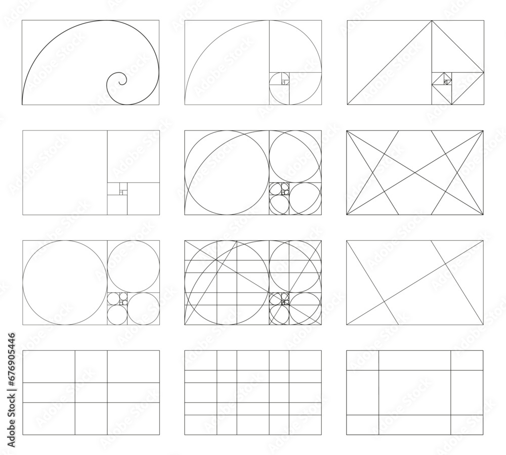 Golden ratio template set. Method golden section. Fibonacci array ...