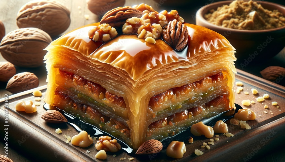 Close-up photograph of Baklava, showcasing the layers of flaky pastry ...