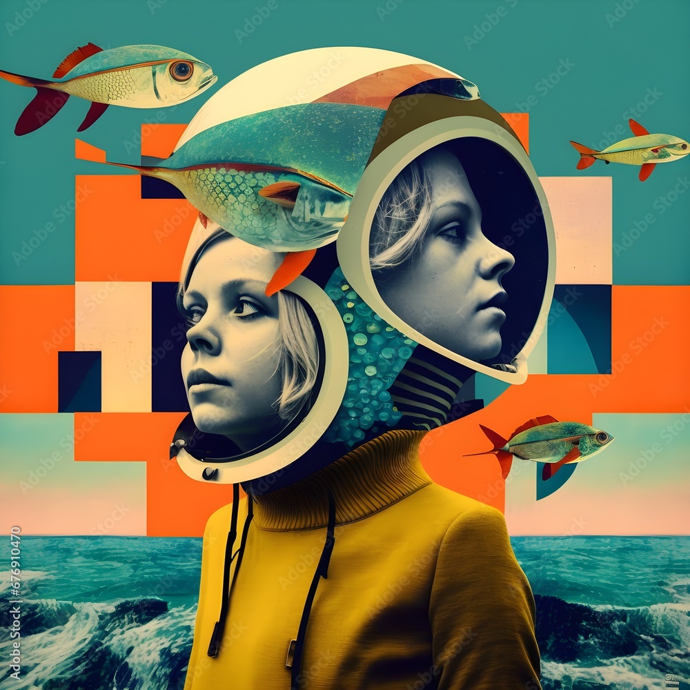 absurdist photomontage surreal portrait of woman two heads, fish, sea ...