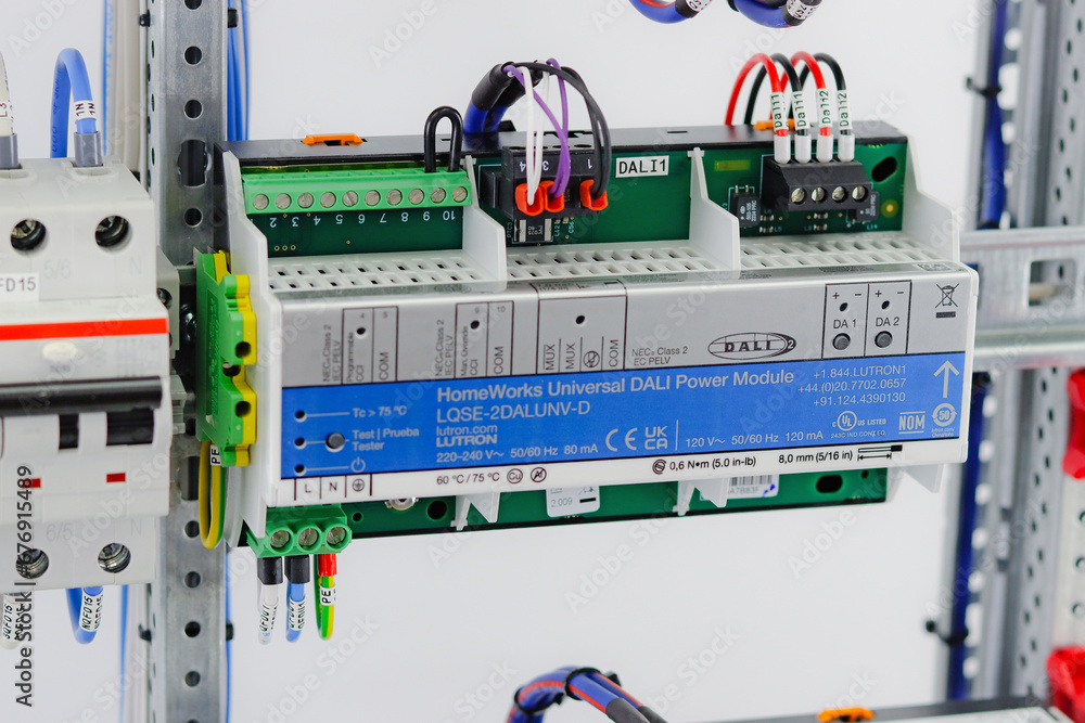 Lutron automation modules in an electrical switchboard. Stock Photo ...