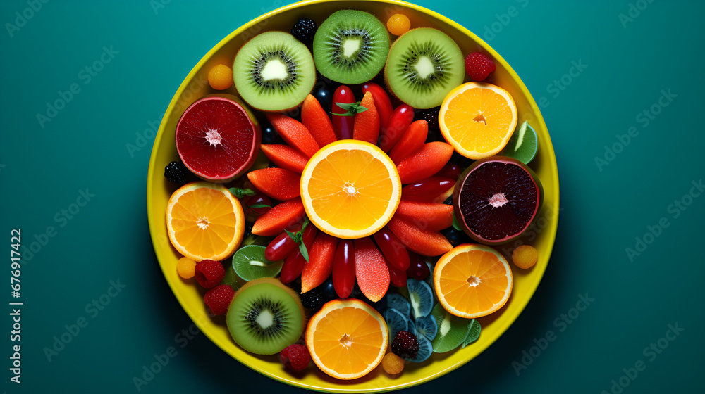 Top-down view of a vibrant and neatly arranged selection of fresh ...