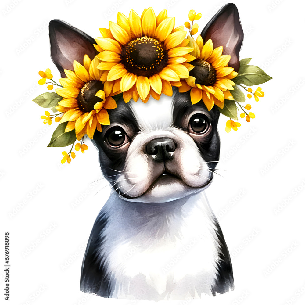 Cute boston terrier with sunflower crown watercolor clipart, PNG ...