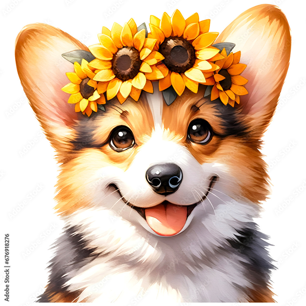 Cute corgi with sunflower crown watercolor clipart, PNG illustration ...