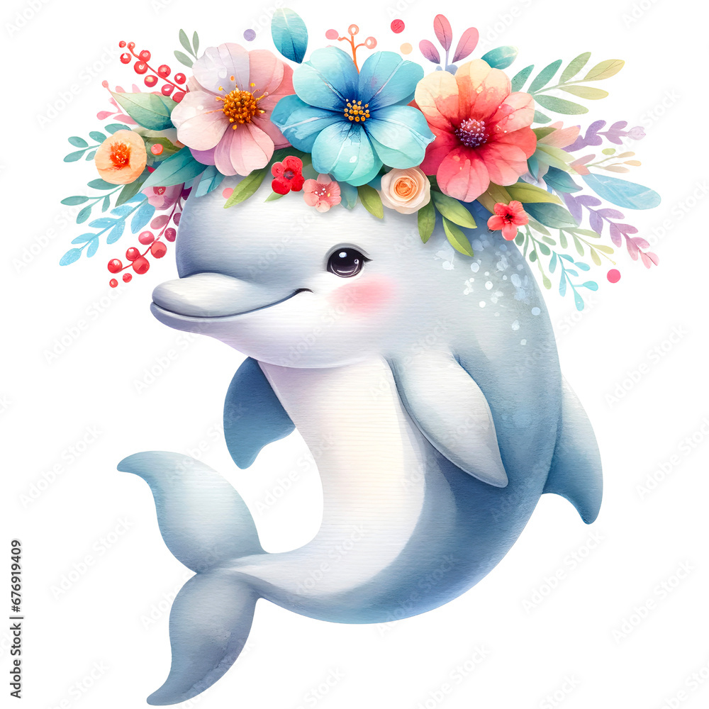 Cute floral dolphin watercolor clipart, PNG illustration with ...