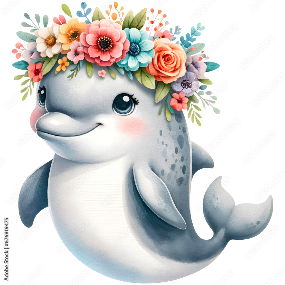 Cute floral dolphin watercolor clipart, PNG illustration with ...