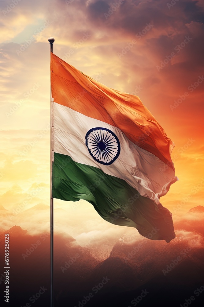 The tricolor flag of India waving in the wind completely intact with a ...