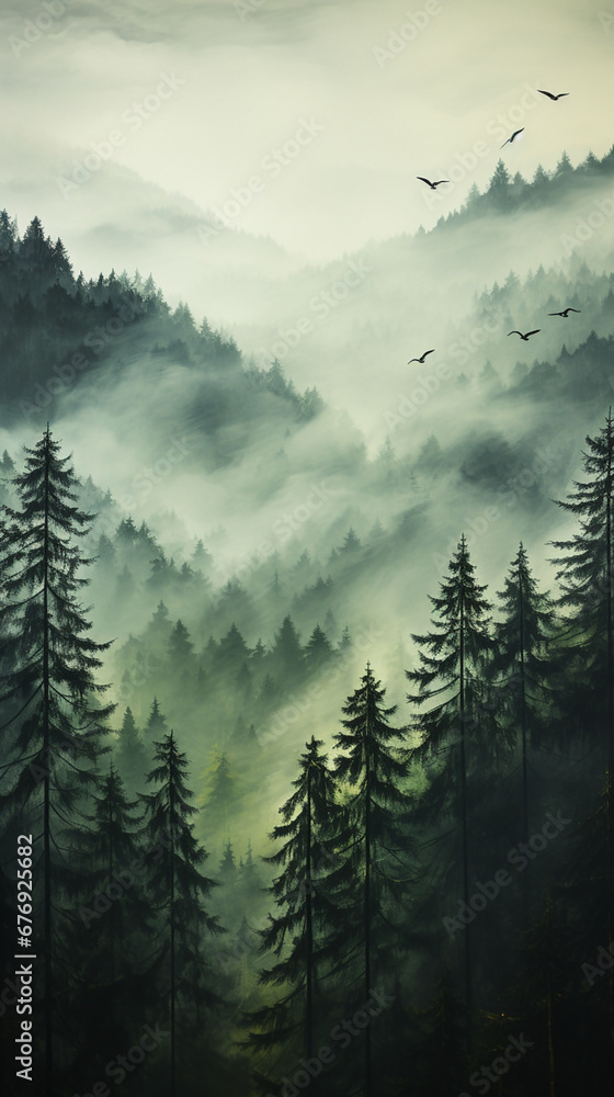 Fine forest and misty mountain landscape image with flying birds ...