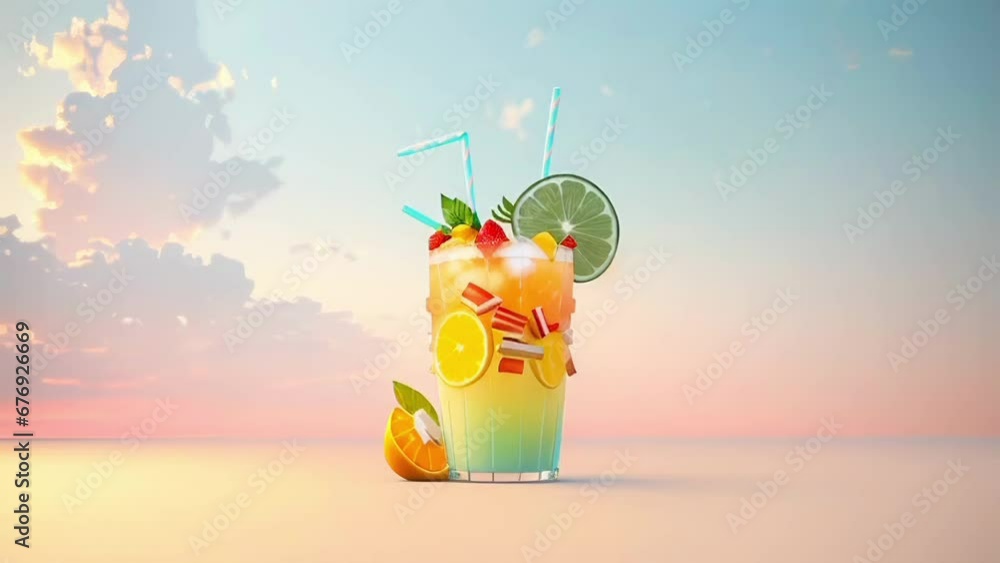 Summer cold no alcohol drink cocktail with exotic fruit slices and straws on gradient sunset sky ...