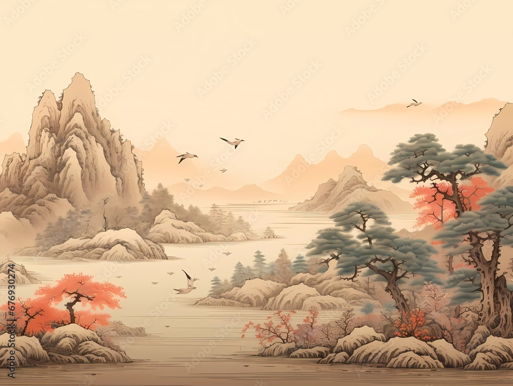 A beautiful asian, chinese art painting. Blossoming gardens, trees and ...