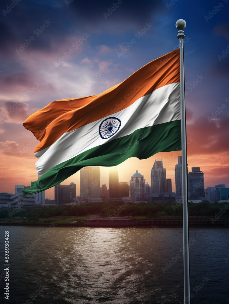 The tricolor flag of India waving in the wind completely intact with a ...