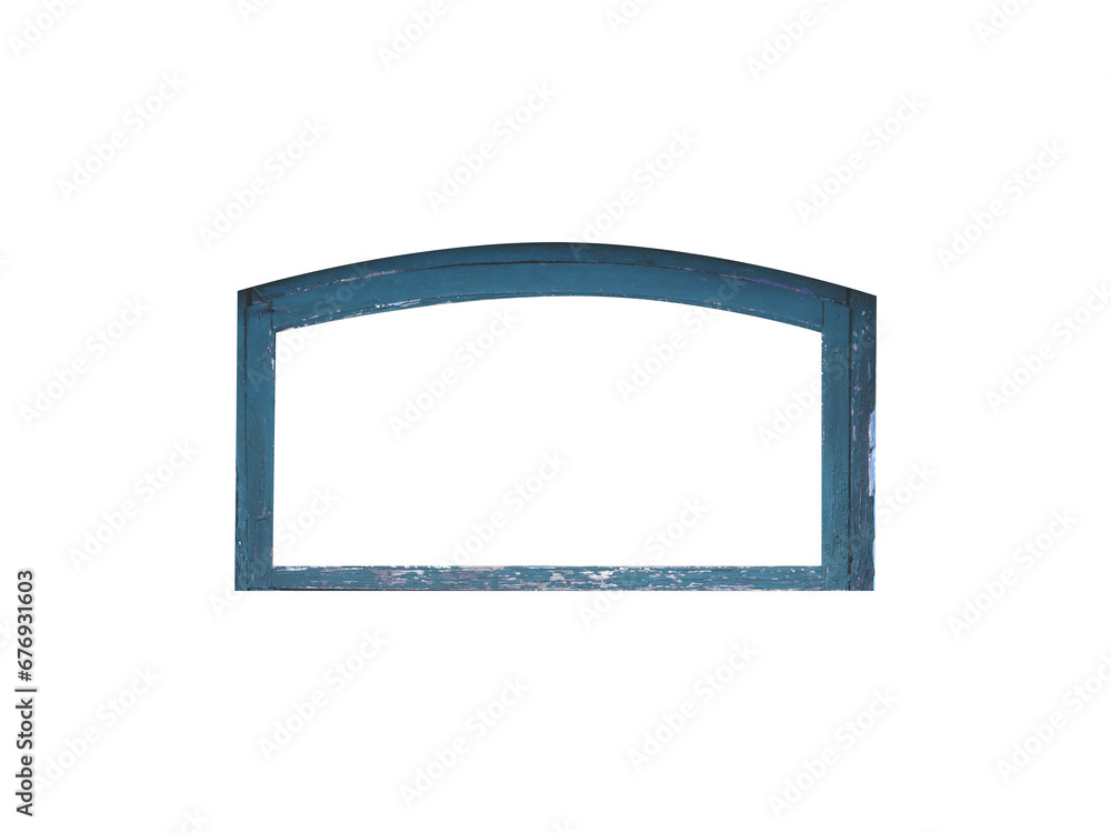 Old dark blue arched wooden window frame is isolated on transparent ...