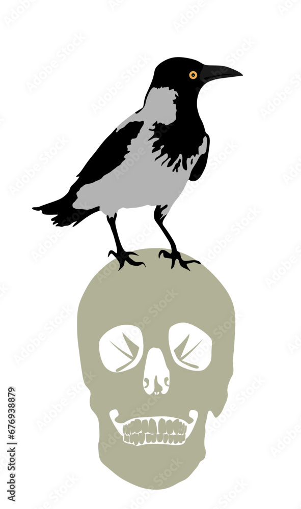 Crow on human head skull vector illustration isolated on white ...