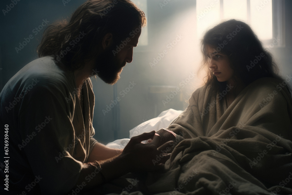 Jesus healing a sick young girl with his miracles Stock Illustration ...