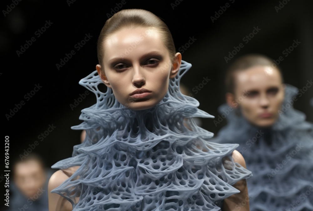 Fashion model with intense gaze modeling an outfit with an intricate ...