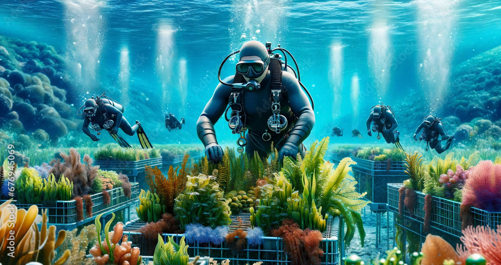 Underwater farming operation scene, focusing on diverse marine crops ...