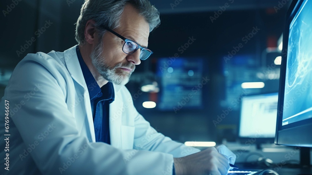 Specialized neurology doctor studying brain tests on a monitor in a ...