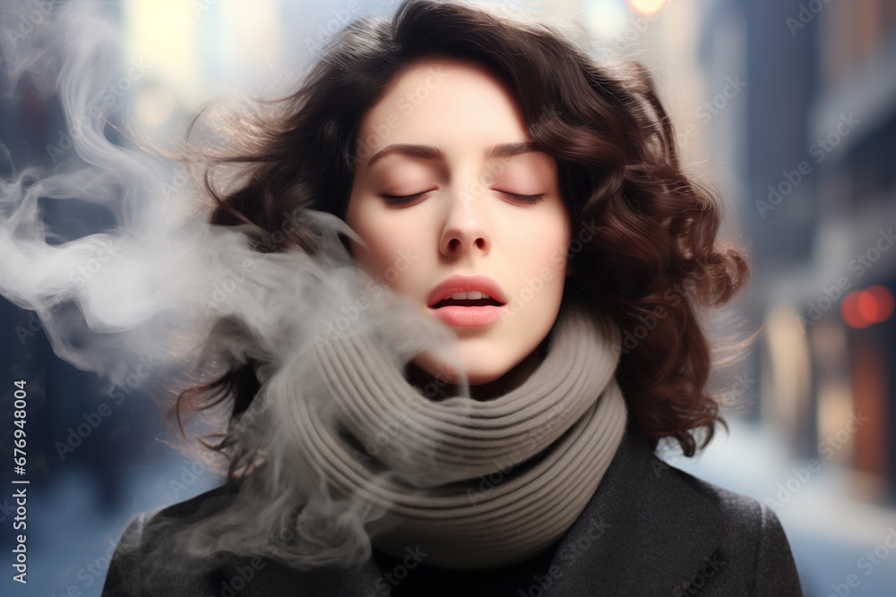 A woman is caught mid-breath, creating a swirl of steam in the brisk ...