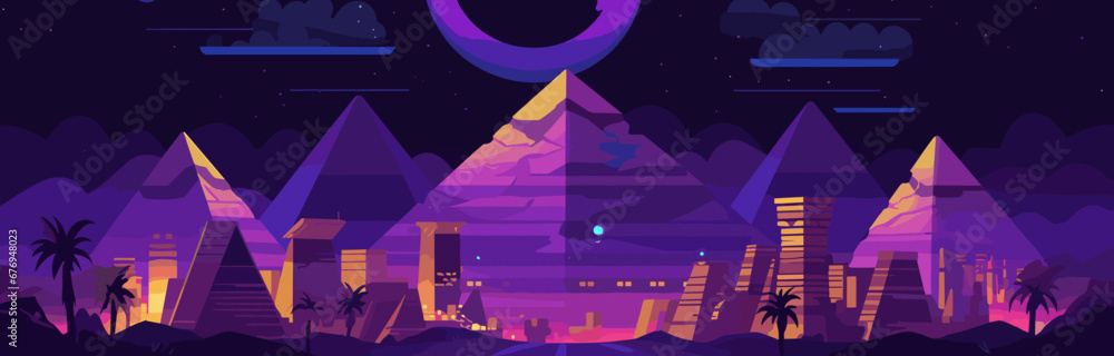 Night futuristic neon Egyptian city with pyramid background. Dark cyber ...
