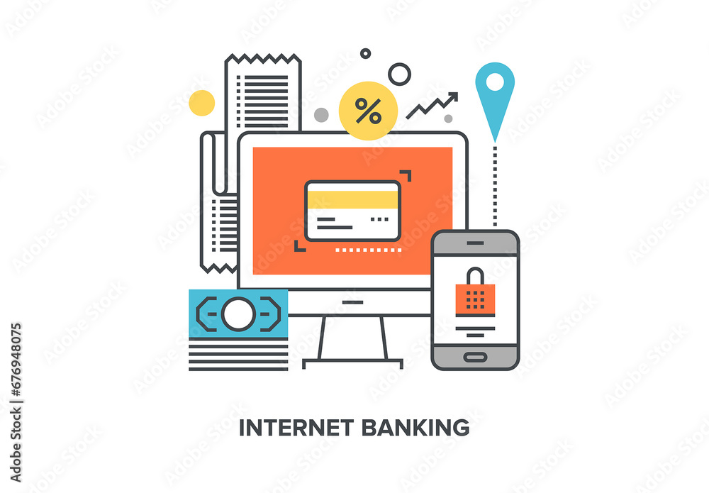 Vector illustration of internet banking flat line design concept. Stock ...