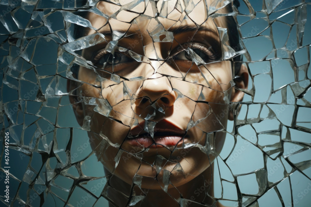 Female face looking through shattered mirror with many broken glass ...