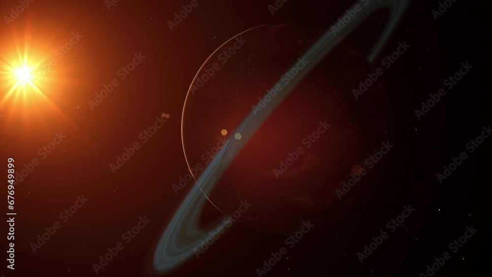 Red rocky desert Mars like planet with orbiting rings. Bright orange ...