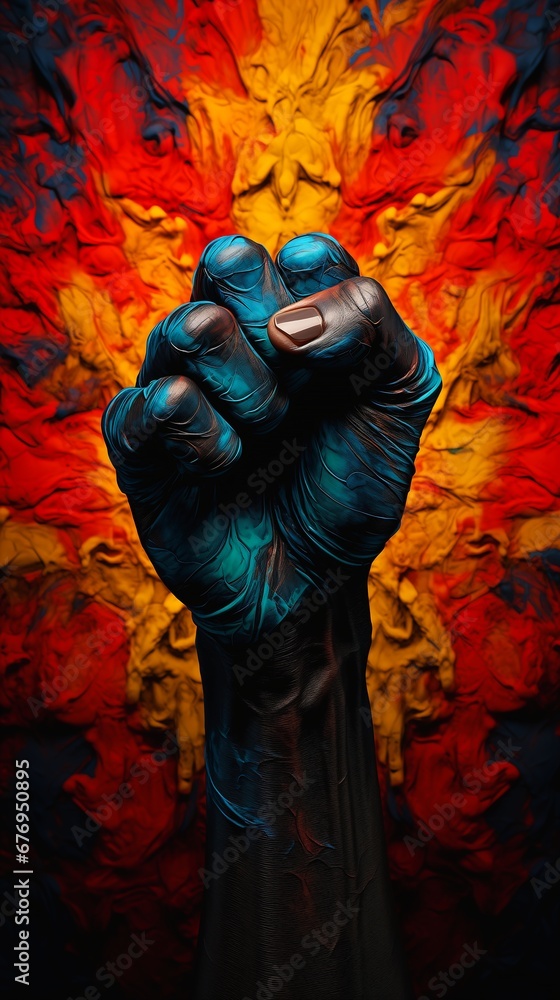 brightly colored fist red yellow background blue fire everywhere return ...