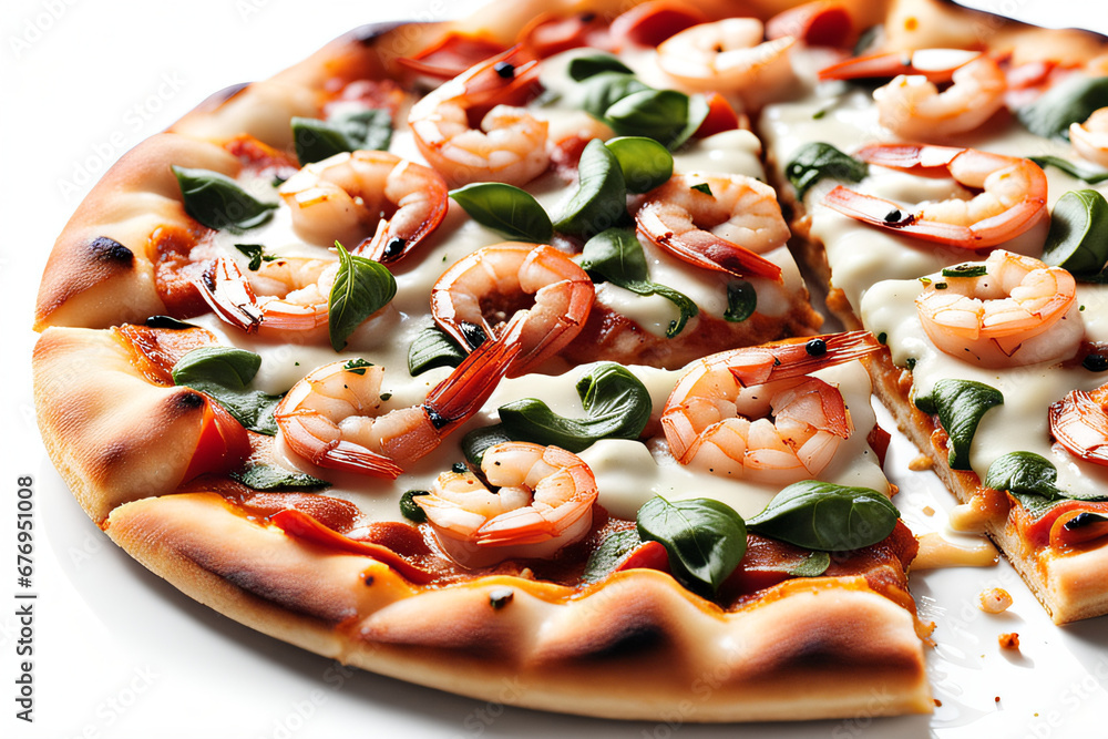 Pizza de camarão grande fatiada. Deliciosa pizza de camarão com queijo ...