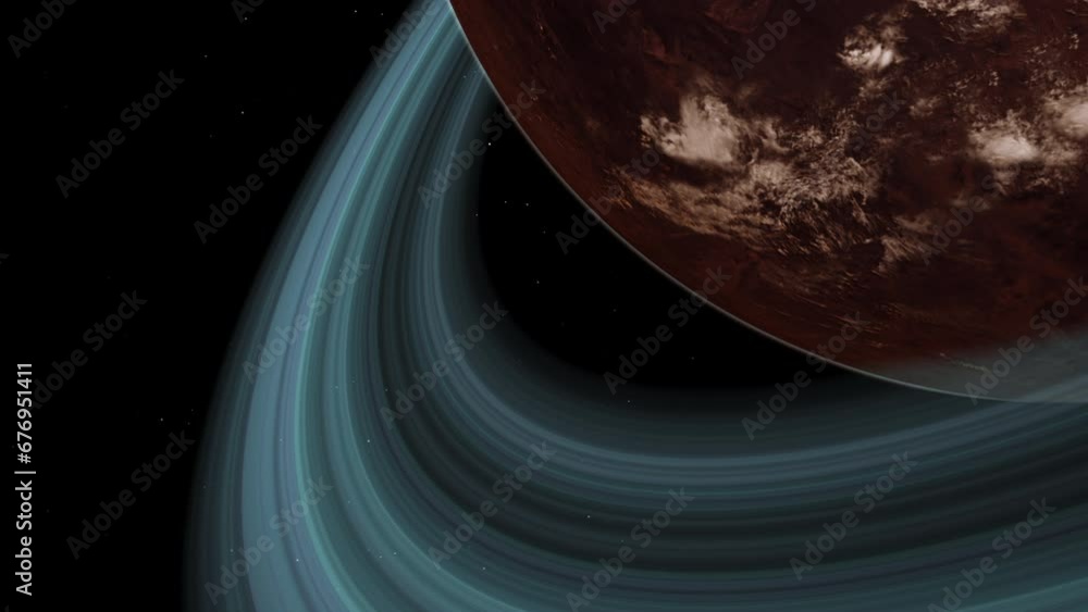 Red rocky desert Mars like planet with orbiting rings. Thin atmosphere ...
