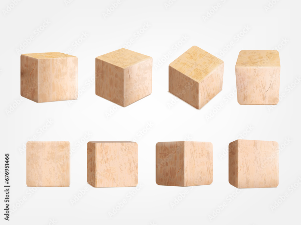 Realistic wooden blocks. 3d wood cube block with timber surface for ...
