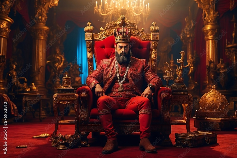 King is sitting in his big chair in a royal room of the palace Stock ...