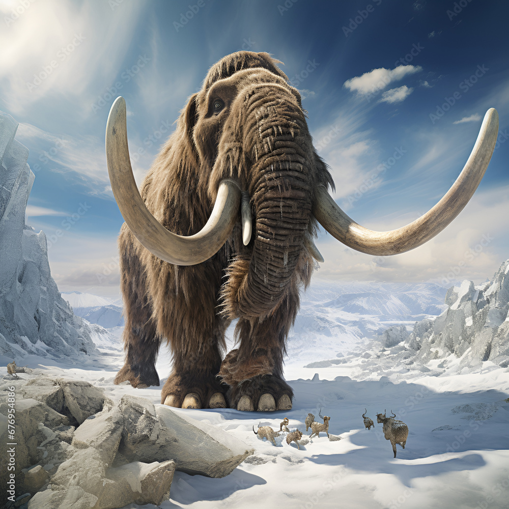 Woolly mammoth roaming the terrains of the ice age earth. Generative AI ...