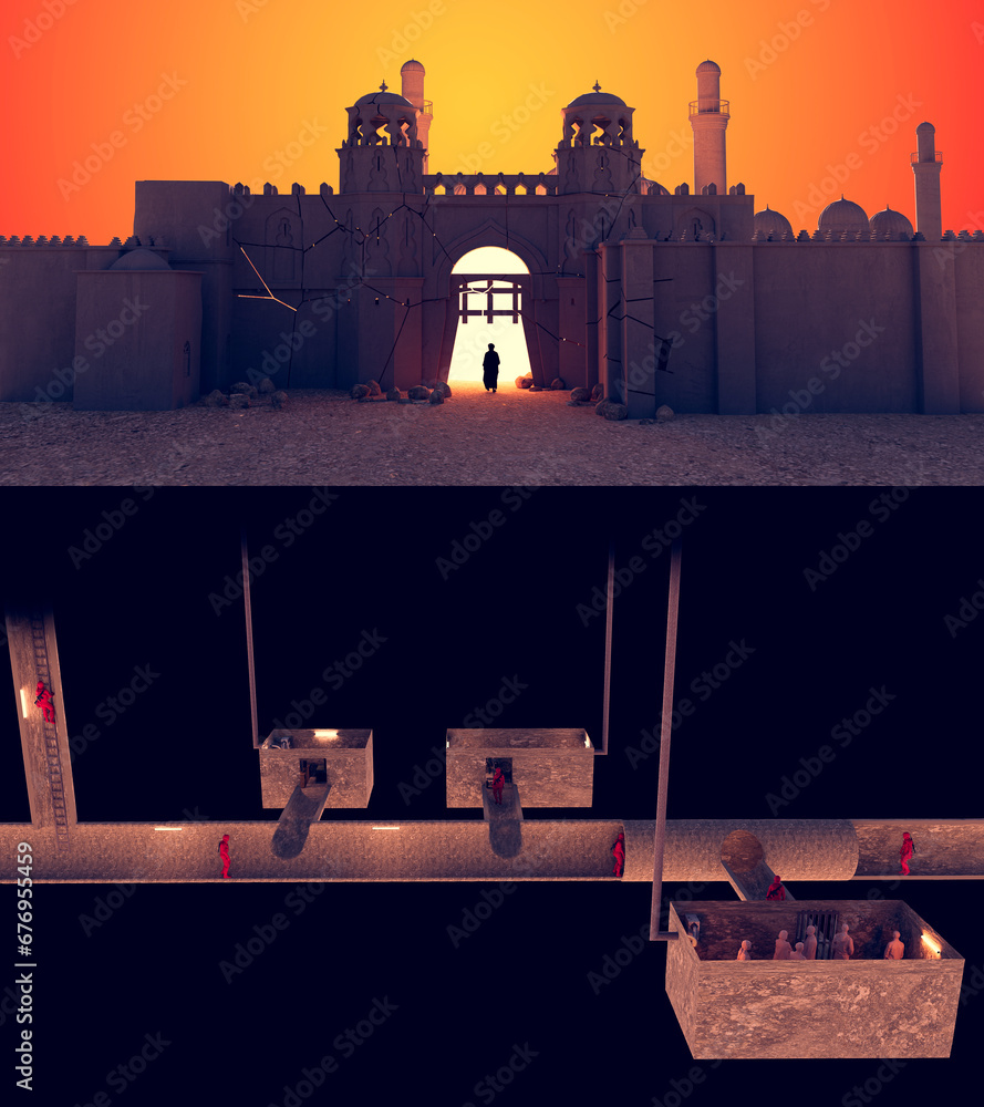 Middle Eastern city, buildings bombed end destroyed. Military ...