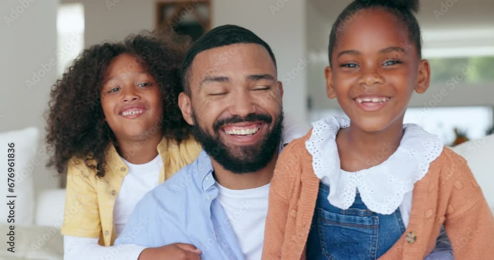 Face, children or father in home with smile, love or pride to relax for ...