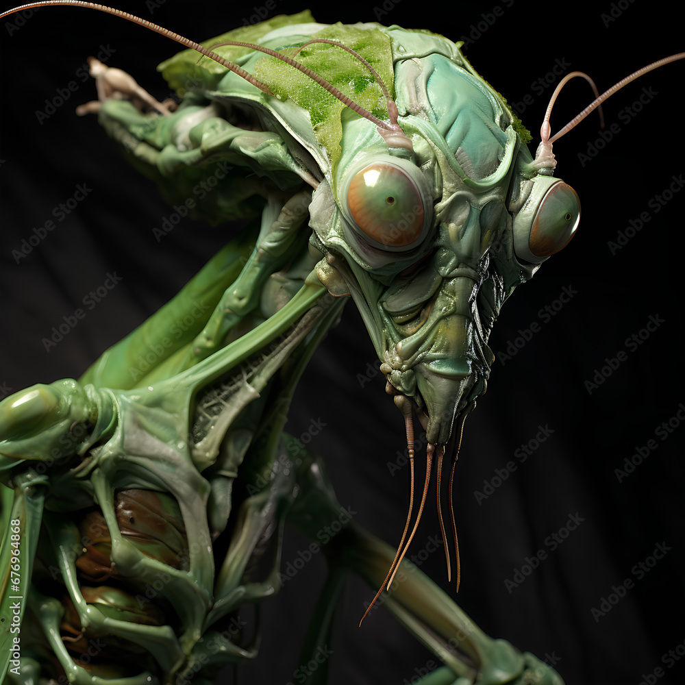 humanoid praying mantis, very detailed, 3D, ultra-realistic ...