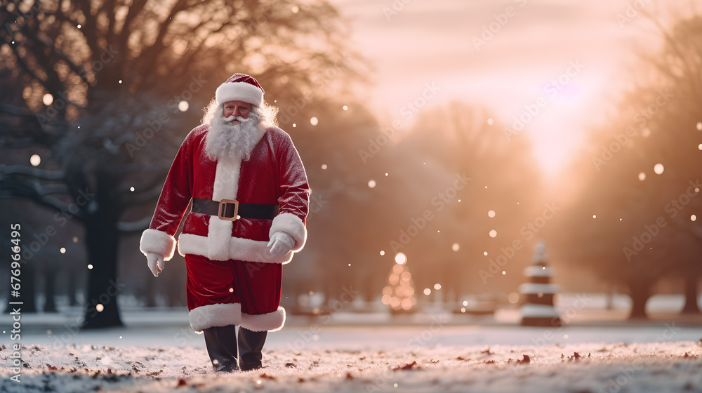 A majestic Santa striding through a wintry park, illuminated by the ...