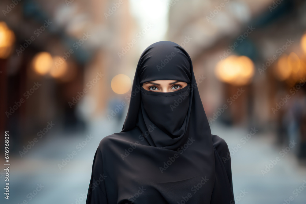 Middle Eastern woman wearing niqab on city street Stock Photo | Adobe Stock