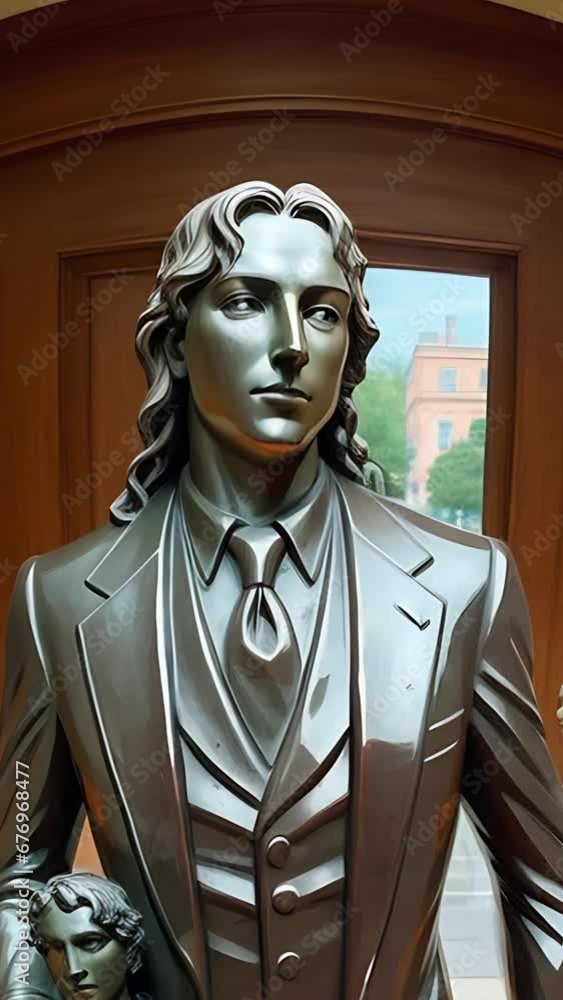 Statue-like figure with a hyper-realistic male bust, dressed in a ...