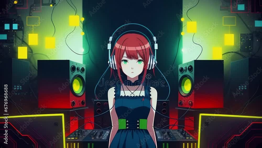 Seamless loop animation. Gothic lo fi anime character DJ girl artist in ...