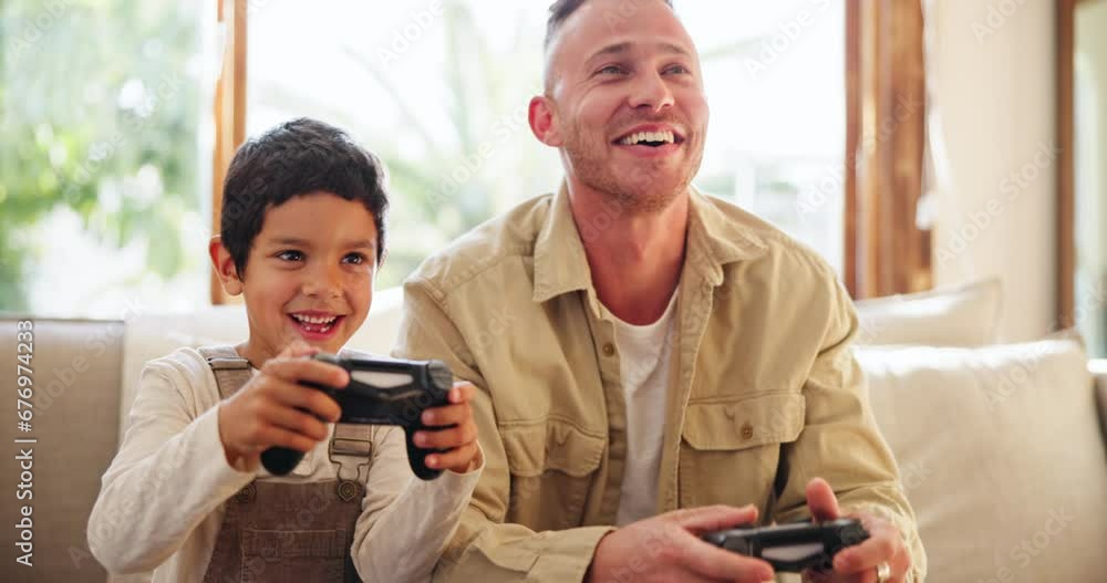 Video game, happy and father with child on a sofa for gaming, playing ...