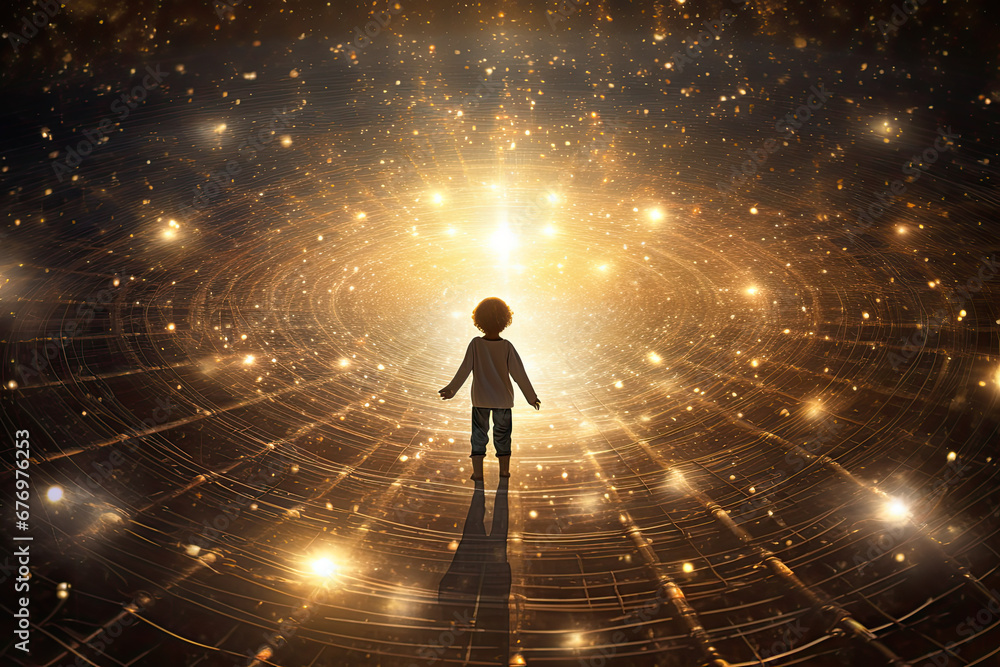 Quantum field grid of golden light particles surrounding a human child ...