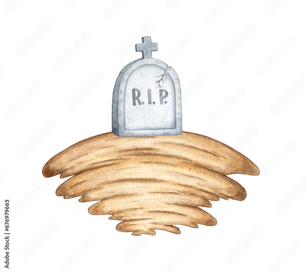 Watercolor illustration of a gray stone tombstone on a hill for ...
