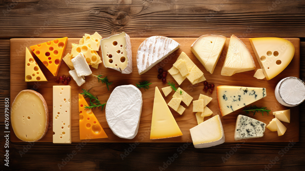 Assortment of cheeses of different variety, colors and textures. A ...