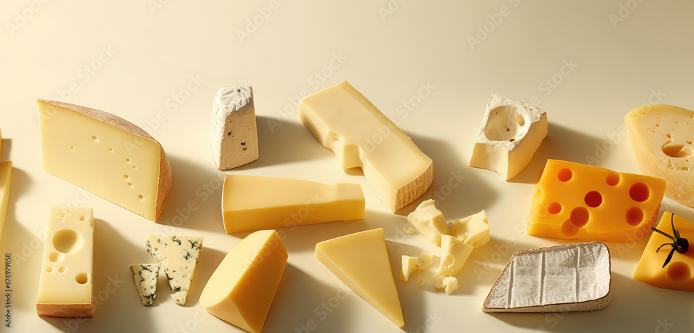 Assortment of cheeses of different variety, colors and textures. A ...