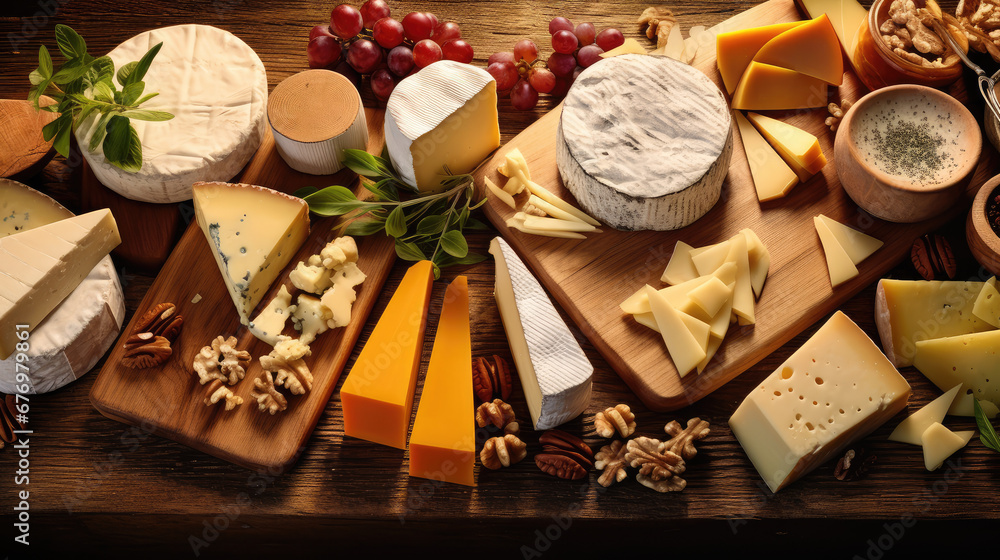 Assortment of cheeses of different variety, colors and textures. A ...