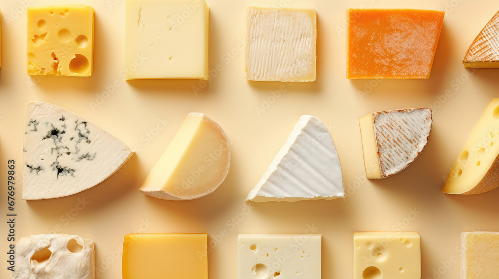 Assortment of cheeses of different variety, colors and textures. A ...