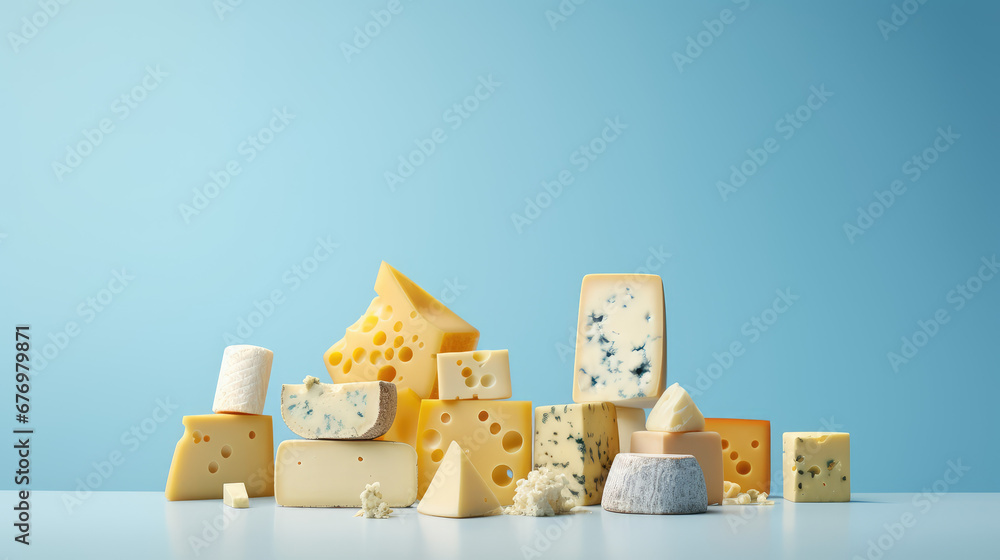 Assortment of cheeses of different variety, colors and textures. A ...