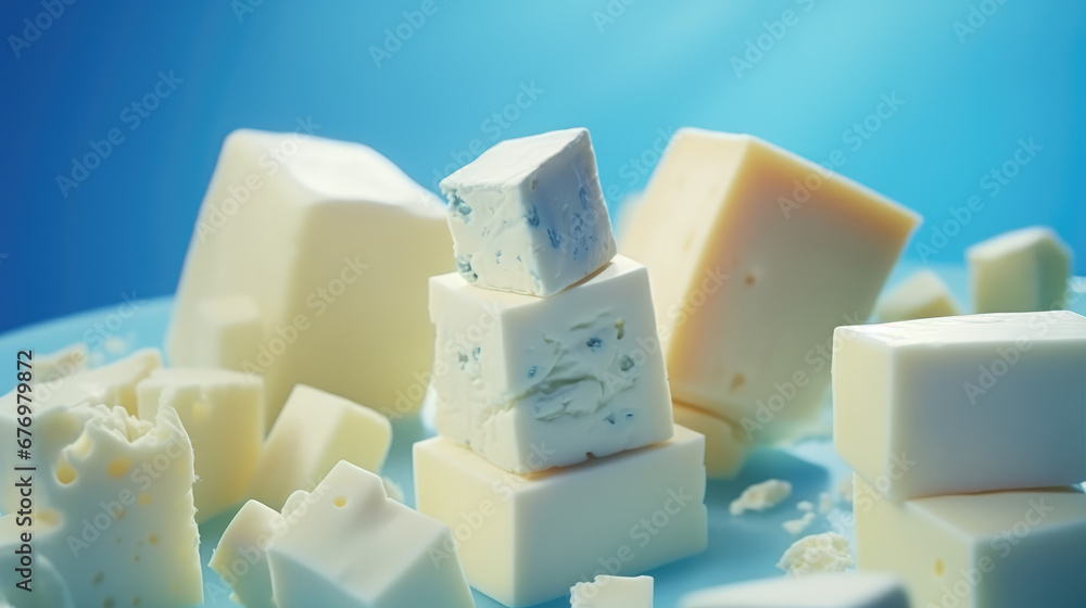 Assortment of cheeses of different variety, colors and textures. A ...